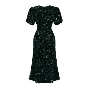 POST MERIDIEM Emerald Decorated Velvet Puff Sleeve Midi Dress - Green