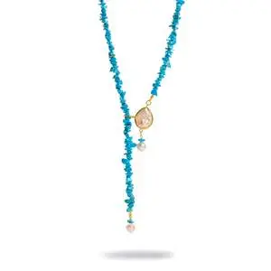 EBRU JEWELRY Blue / Gold Turquoise Lariat Necklace With Baroque Pearls Turquoise - Blue/gold