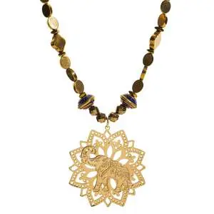 EBRU JEWELRY Gold / Brown Elephant Mandala Talisman Beaded Necklace Brown - Gold/brown