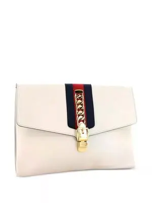 Gucci Sylvie Leather Maxi Clutch Bag - White