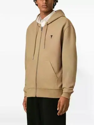 AMI Paris Zipped Cotton Hoodie With De Coeur Embroidery - Neutrals