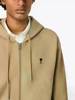 AMI Paris Zipped Cotton Hoodie With De Coeur Embroidery - Neutrals