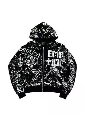 Mixed Emotion Graffiti-print Zip-up Hoodie - Black