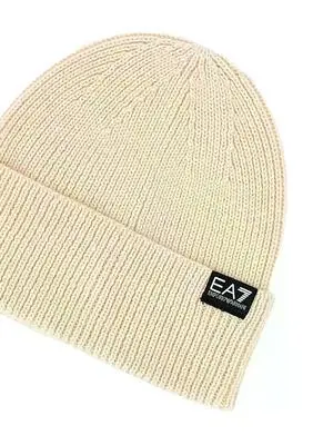 EA7 Ribbed Knit Beanie Hat With Logo Patch - Neutrals