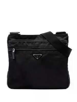 Prada 2013-2026 Saffiano Trimmed Tessuto Zip Top Crossbody Bag - Black