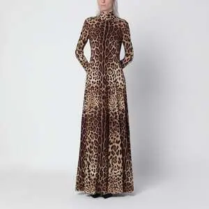 Dolce & Gabbana Long Leopard-print Dress In Silk Blend - Brown