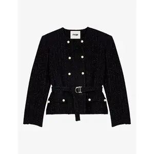 Maje Belted-waist Double-breasted Woven Jacket - Black