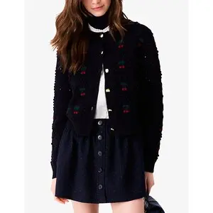 Maje Cherry-embroidered Bobble-knit Wool Cardigan