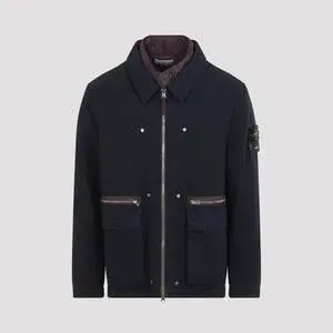 Stone Island Field Jacket In Cotton-wool Blend - Blue