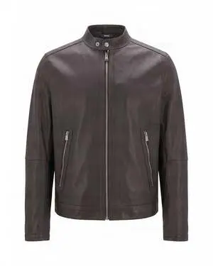 BOSS BLACK Leather Zip-front Biker Jacket - Open Brown