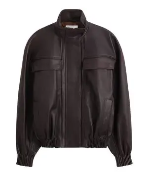 Cos Leather Mock-neck Bomber Jacket With Ribbed Trims - Brown