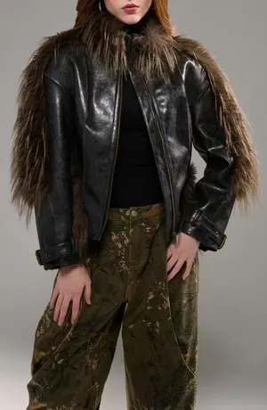 AZALEA WANG Tahlis Faux Fur Trim Faux Leather Moto Jacket