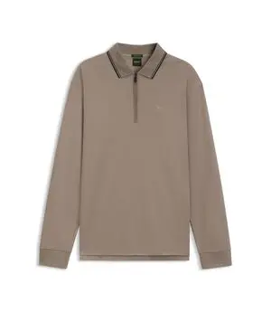 BOSS Interlock Cotton Polo Shirt With Striped Collar - Light Green
