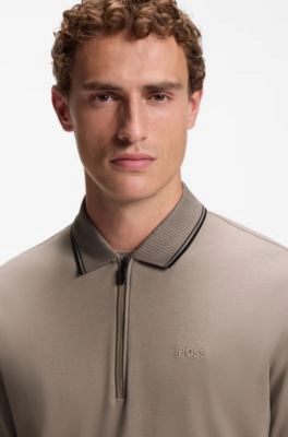 BOSS Interlock Cotton Polo Shirt With Striped Collar