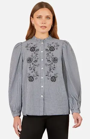 YUMI Cotton Gingham Embroidered Shirt - Black