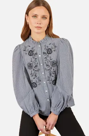 YUMI Cotton Gingham Embroidered Shirt