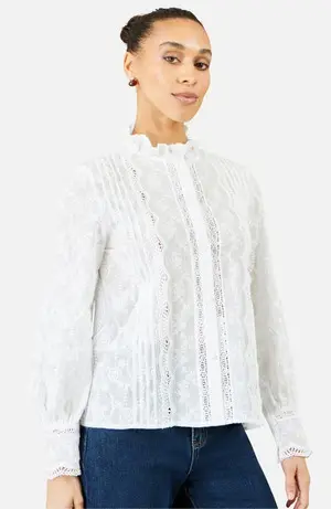 YUMI Lace Detail Cotton Blouse - White