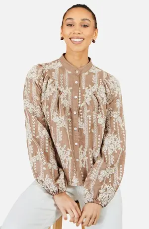 YUMI Embroidered Floral Relaxed Shirt - Brown