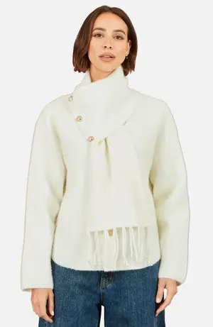 YUMI Eyelash Knit Scarf Neck Cardigan With Gold-tone Buttons