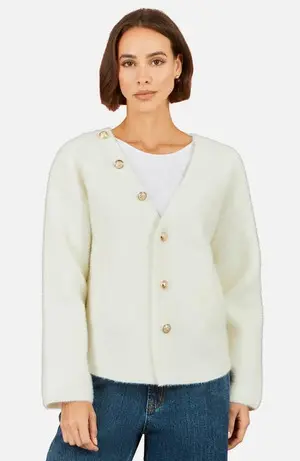 YUMI Eyelash Knit Scarf Neck Cardigan With Gold-tone Buttons