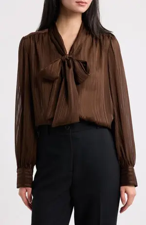 TAHARI ASL Metallic Stripe Chiffon Pussy-bow Blouse - Espresso