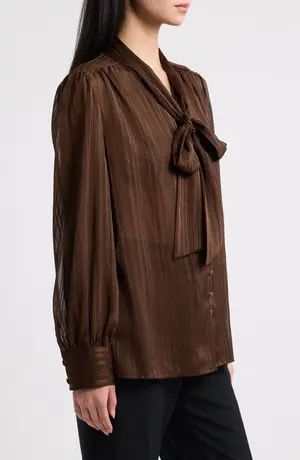 TAHARI ASL Metallic Stripe Chiffon Pussy-bow Blouse