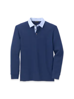 PAUL FREDRICK Long Sleeve Cotton/polyester 3-button Polo With Woven Collar - Navy