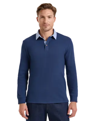 PAUL FREDRICK Long Sleeve Cotton/polyester 3-button Polo With Woven Collar - Navy