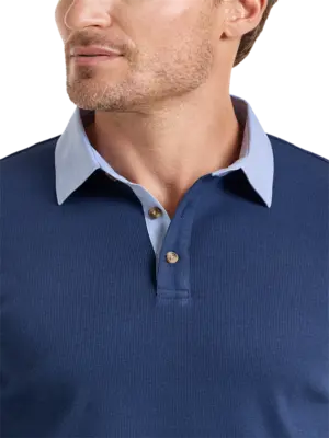 PAUL FREDRICK Long Sleeve Cotton/polyester 3-button Polo With Woven Collar - Navy