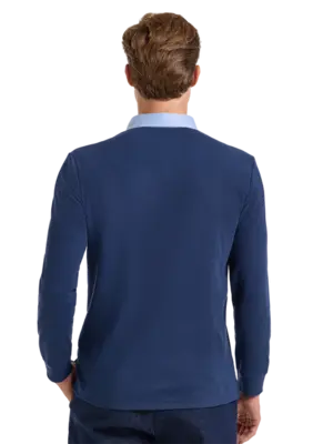 PAUL FREDRICK Long Sleeve Cotton/polyester 3-button Polo With Woven Collar - Navy