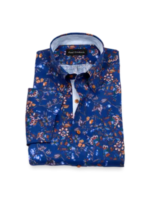 PAUL FREDRICK Linen Buttondown Collar Poplin Tailored Contrast Trim Hemmed Short Sleeve Shirt - Cobalt