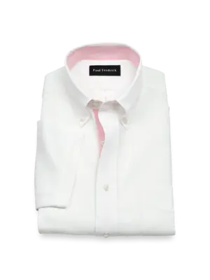 PAUL FREDRICK Linen Buttondown Collar Poplin Tailored Contrast Trim Hemmed Short Sleeve Shirt - White