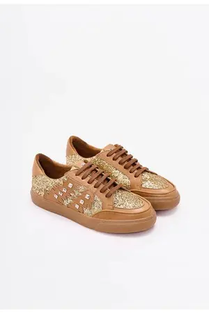 CLARA BARCELO Embellished Glitter Sneakers - Tan