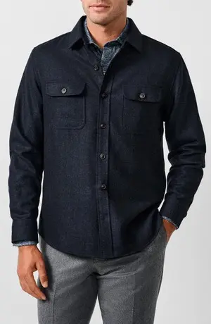 David Donahue Wool Herringbone Shirt Jacket - Navy