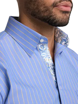 PAUL FREDRICK Cotton Point Collar Pinpoint Slim Contrast Trim Button Cuff Long Sleeve Shirt