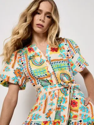 APRICOT Tropical Print Puff Sleeve Mini Dress