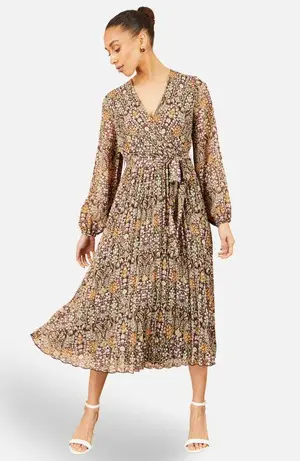 YUMI Pleated Wrap Midi Dress - Brown