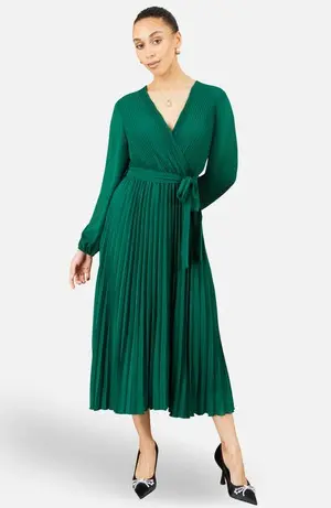 YUMI Pleated Wrap Midi Dress Green