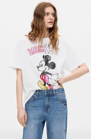 Desigual Mickey Mouse Embroidered High Waist Wide Leg Jeans