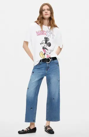 Desigual Mickey Mouse Embroidered High Waist Wide Leg Jeans