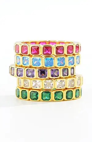 MINT & LILY Emerald Cut Birthstone Eternity Ring In 18k Gold-plated Sterling Silver - May Emerald