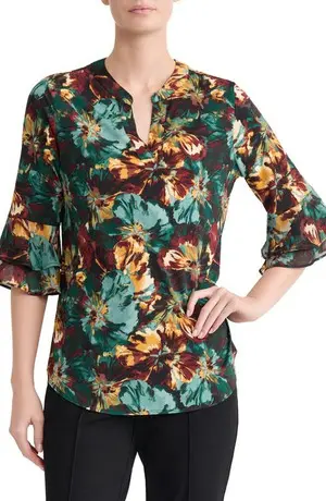 KASPER Tiered Bell Sleeve Tunic - Evergreen Multi