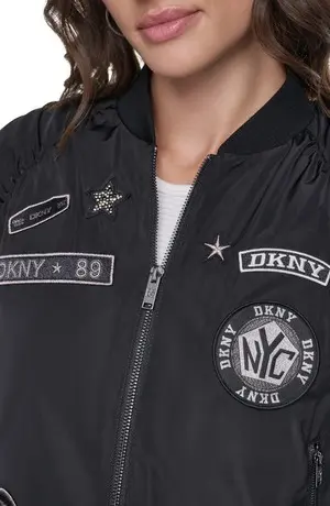 Dkny Ruched Pins & Patches Bomber Jacket - Black