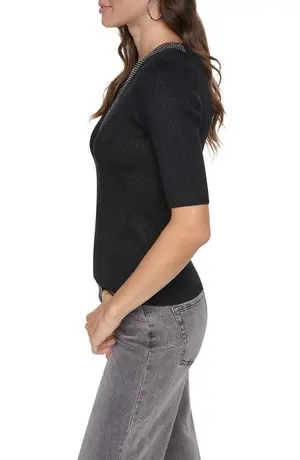 Dkny Crystal Embellished Metallic Sweater - Black