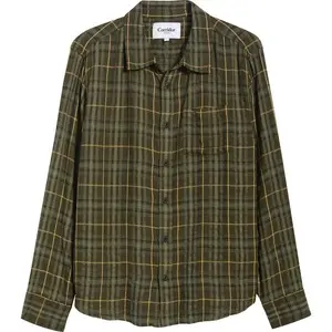 CORRIDOR Crinkle Plaid Cotton Blend Button-up Shirt - Olv