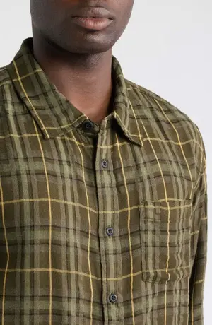 CORRIDOR Crinkle Plaid Cotton Blend Button-up Shirt - Olv