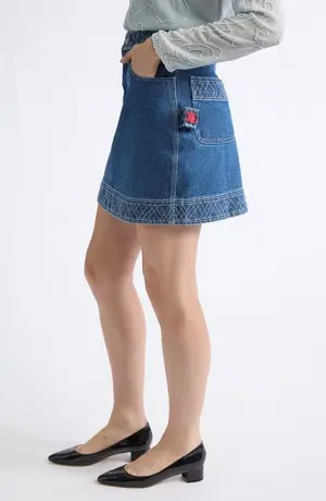 BODE Embroidered Denim Miniskirt - Indigo