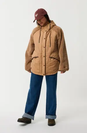Rip Curl S-series Splice Faux Shearling Sleeve Puffer Jacket - Brown