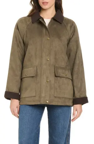 Vince Camuto Cord Collar Faux Suede Barn Jacket - Olive