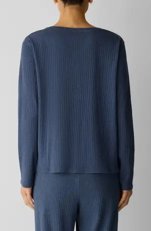 Eileen Fisher V-neck Organic Cotton Henley - Blueberry